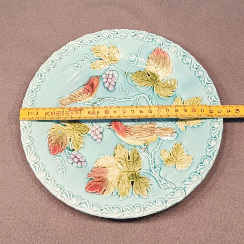 Vintage Majolica Birds Plate Robins Egg Blue Purple Grapes Germany Tin ...