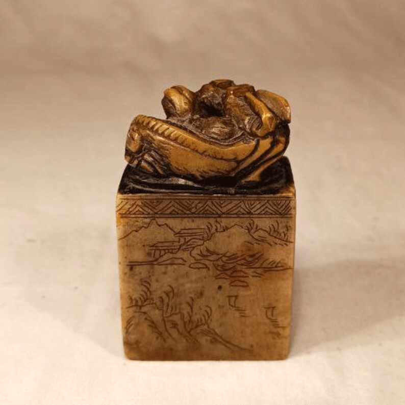 Signed Large Antique Chinese Stone Seal Chop in Archaic Dragon Form ...