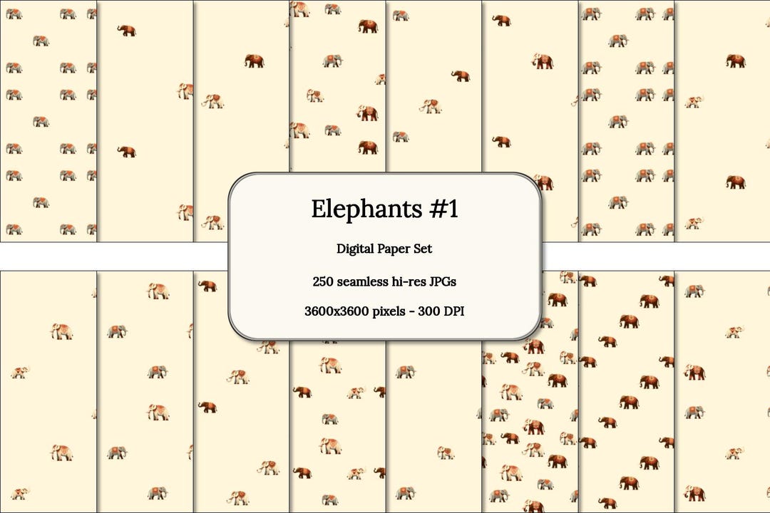 250 Seamless Digital Patterns of Elephants #1, 12"x12", Digital Papers ...