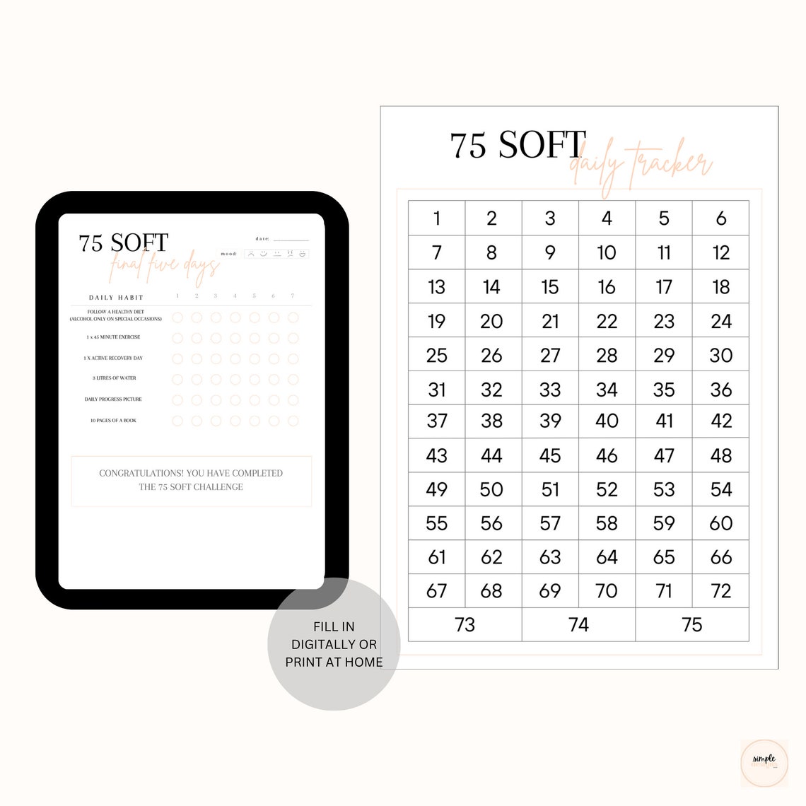 Simple 75 SOFT Challenge Tracker 75 Soft Challenge Printable PDF 75 ...