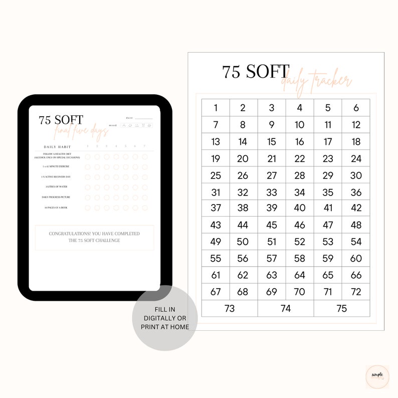 Simple 75 SOFT Challenge Tracker 75 Soft Challenge Printable PDF 75 ...