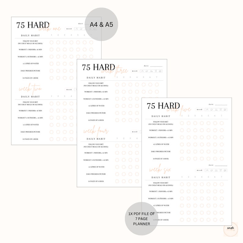 Simple 75 Hard Challenge Tracker 75 Day Challenge 75 Hard Challenge ...