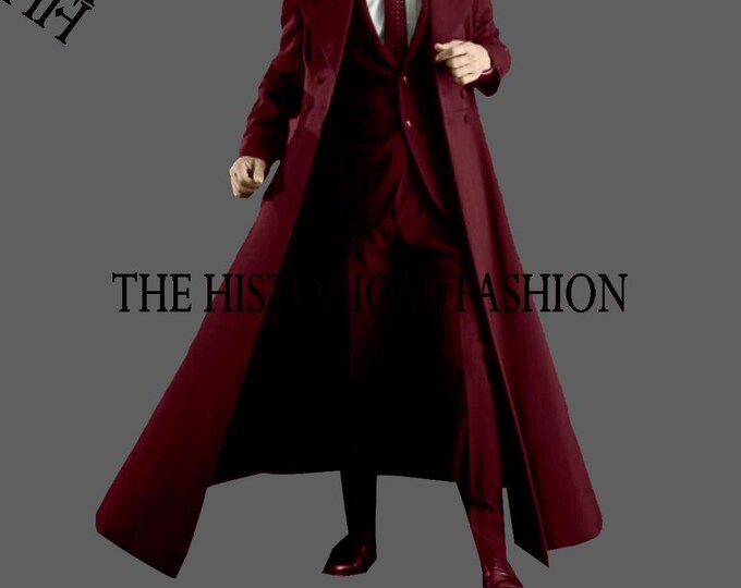 Elegant Men Maroon Wool Jackets, Trench Long Coat, Regency Victorian ...