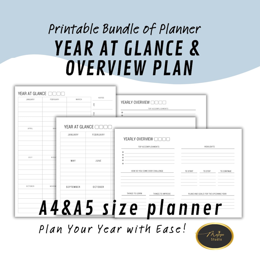 2 Pages Yearly Planner | Printable Calendar | Blank and Undated Yearly ...