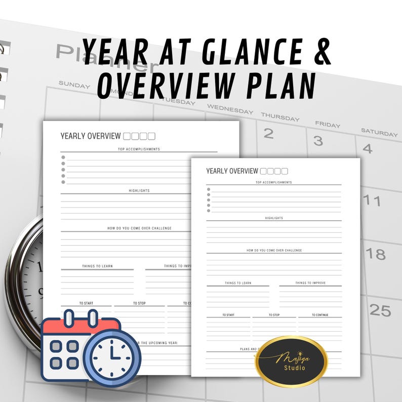 2 Pages Yearly Planner | Printable Calendar | Blank and Undated Yearly ...