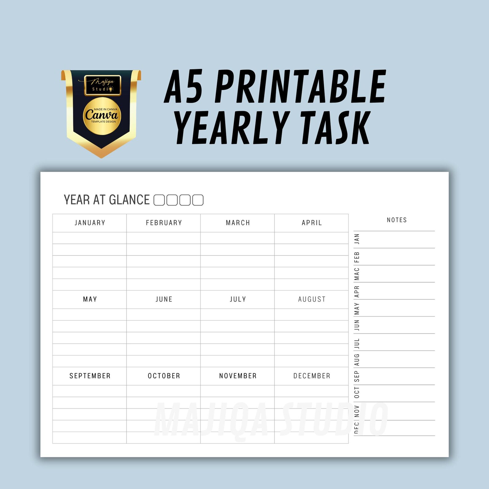 2 Pages Yearly Planner | Printable Calendar | Blank and Undated Yearly ...