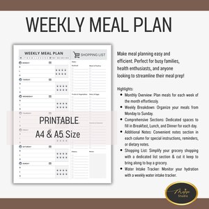 Weekly Meal Planner With Grocery List Printable Template, 7 Day Menu ...