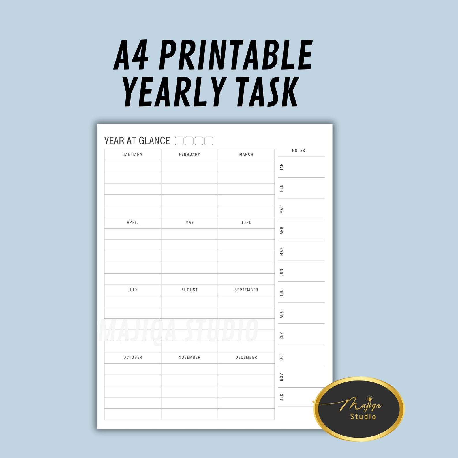 2 Pages Yearly Planner | Printable Calendar | Blank and Undated Yearly ...