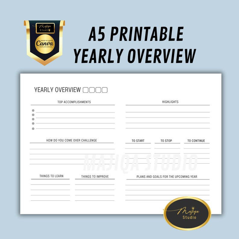 2 Pages Yearly Planner | Printable Calendar | Blank and Undated Yearly ...