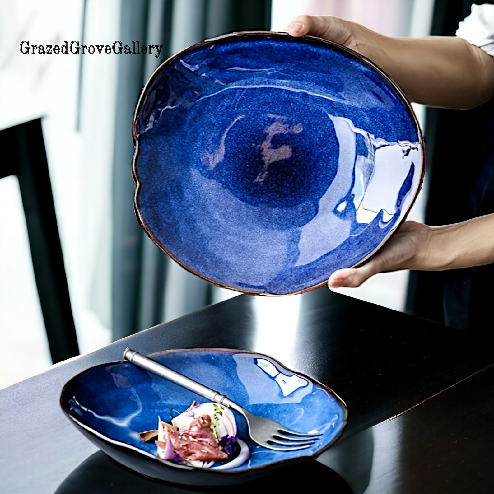 Deep Blue Cat-eye Ceramic Plate Ocean Waves Inspired Dinnerware for Home & Dining Elegance ...