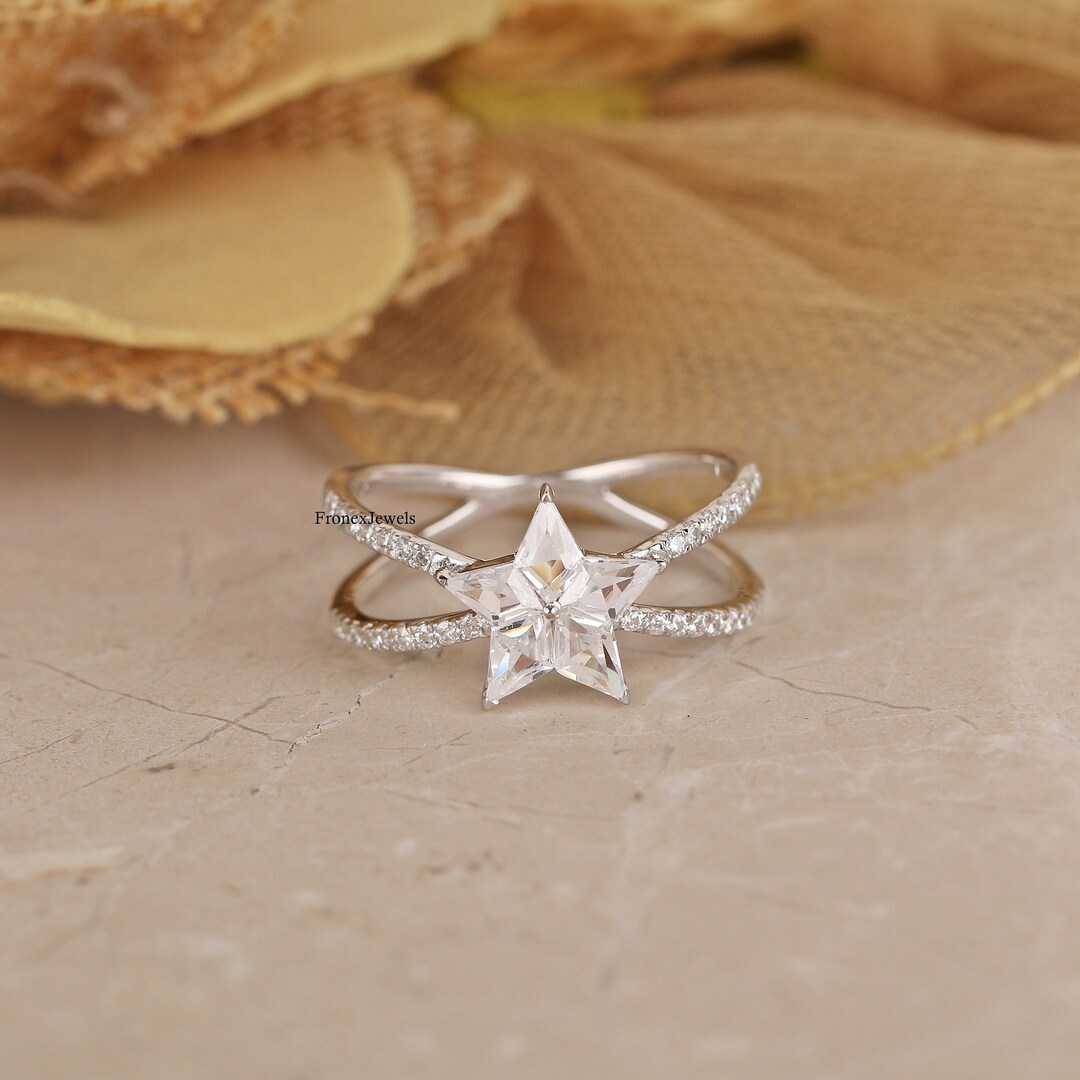 14K Solid White Gold Star Ring/ Kite Shape Diamond Engagement Ring ...