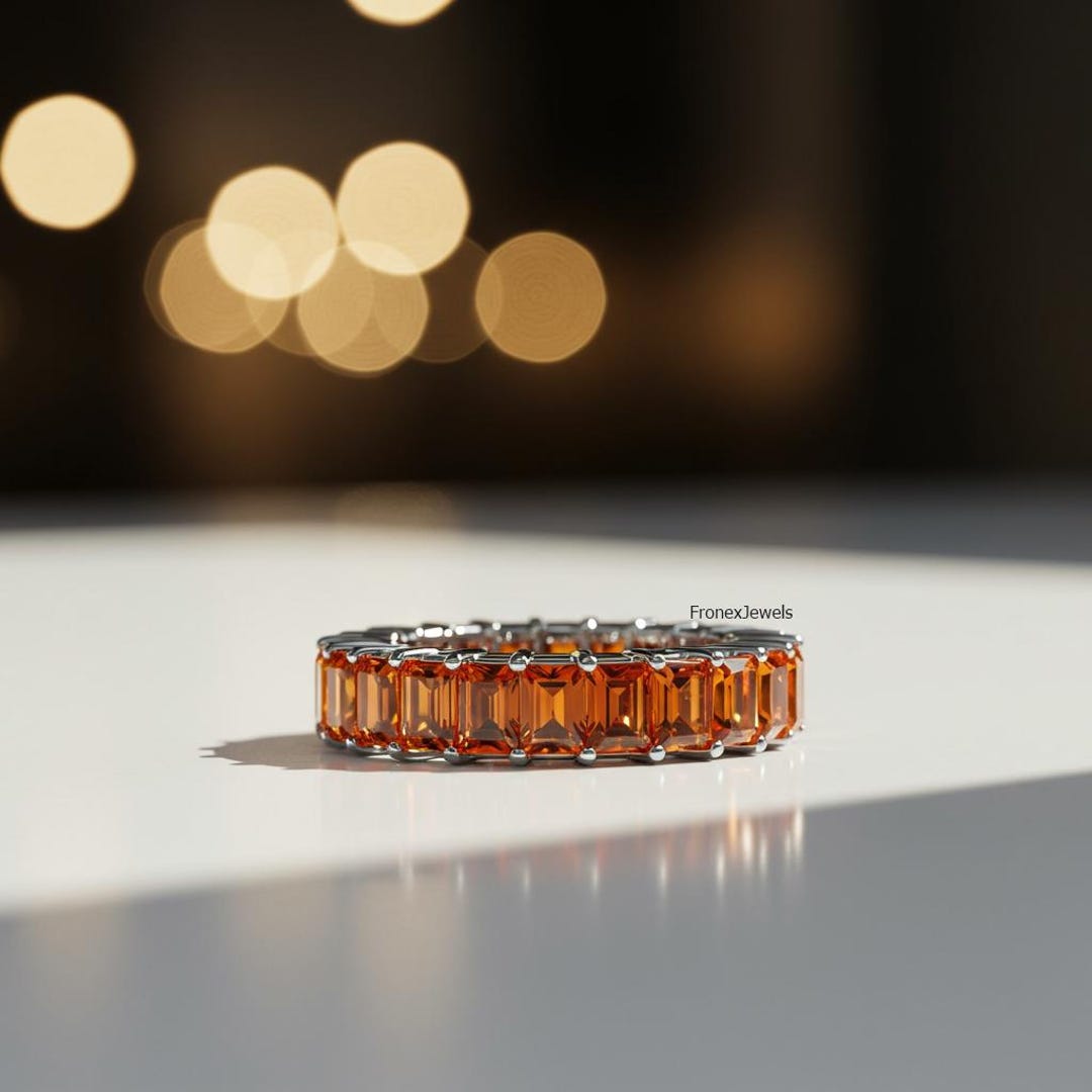 14K Gold Orange Emerald Cut Gemstone Band/ October Birthstone Citrine ...