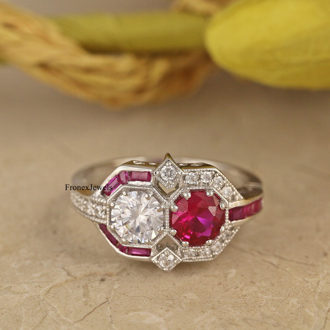 Ruby Diamond Ring/ Solid 14K White Gold Vintage Art Deco Ring/ Round ...