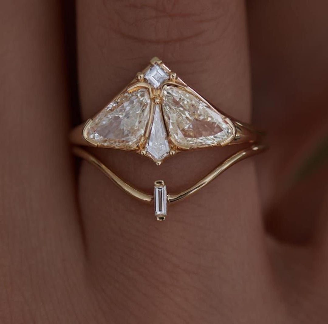 Multi Shape Moth Diamond Engagement Ring/ Half Bezel Set Wedding Bridal ...