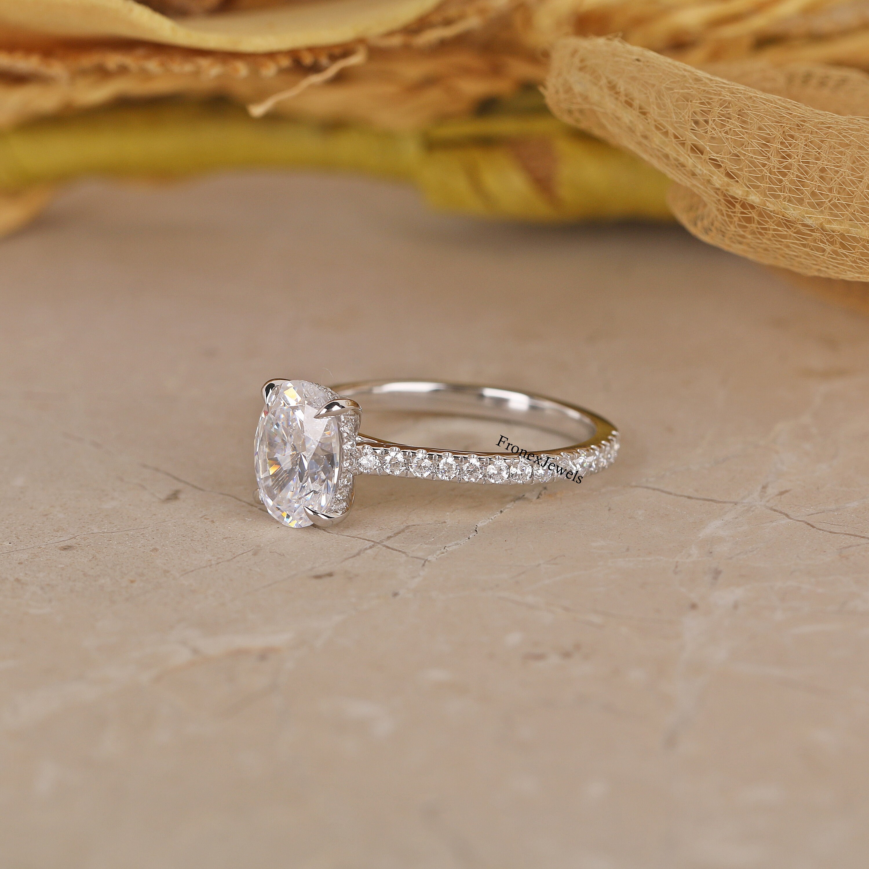 Hidden Halo Moissanite Ring 2.5 CT Oval Cut Moissanite Engagement Ring Solitaire With Accent Ring Oval 14K Solid White Gold Ring Etsy