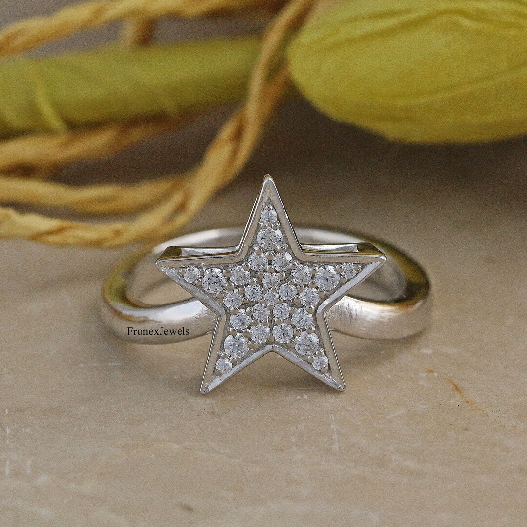 Pave Star Moissanite Ring/ Star Shape Ring/ Round Colorless Moissanite ...