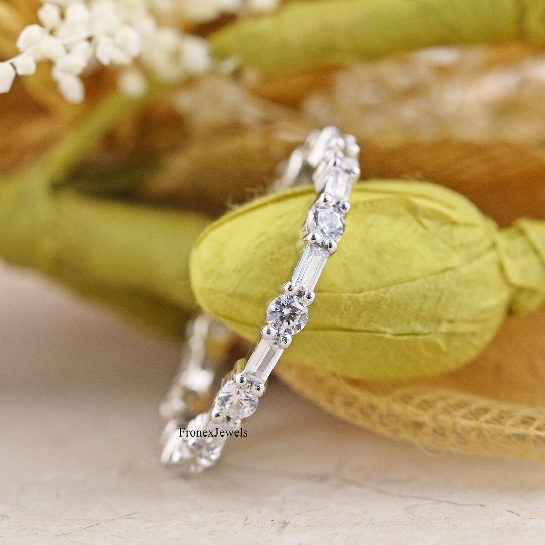 Dot-dash Band/ Full Eternity Moissanite Minimalist Band/ Baguette Cut ...