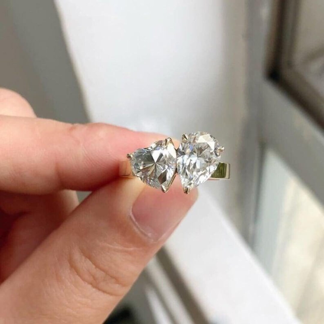 Two-stone Engagement Ring, Pear & Heart Cut Moissanite Engagement Ring ...