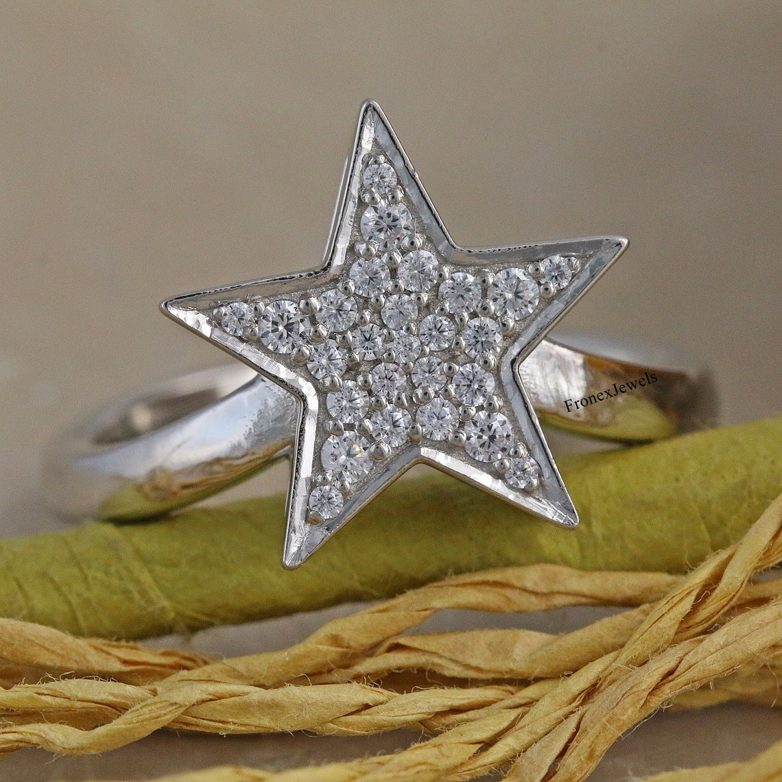 Pave Star Moissanite Ring/ Star Shape Ring/ Round Colorless Moissanite ...