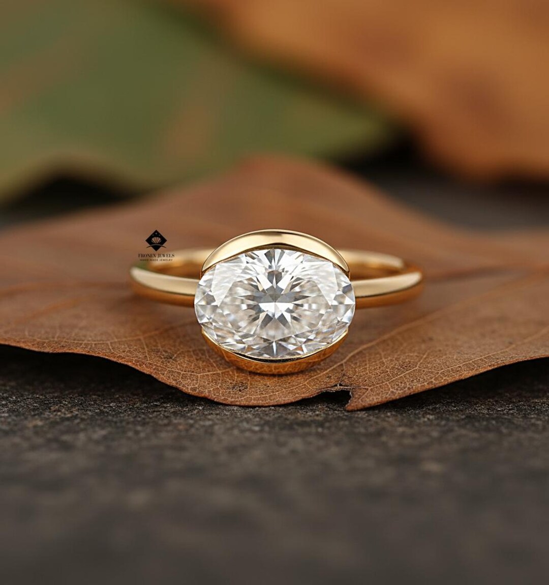 Half Bezel Set Oval Cut Stacking Ring/ 14K Gold Lab Grown Diamond ...