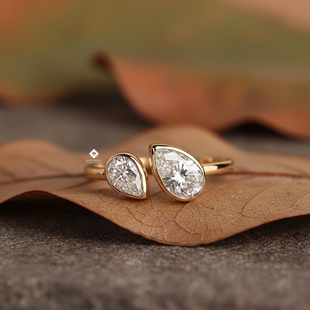 Toi Et Moi Adjustable Engagement Ring/ 14K Gold Pear Cut Lab Grown ...