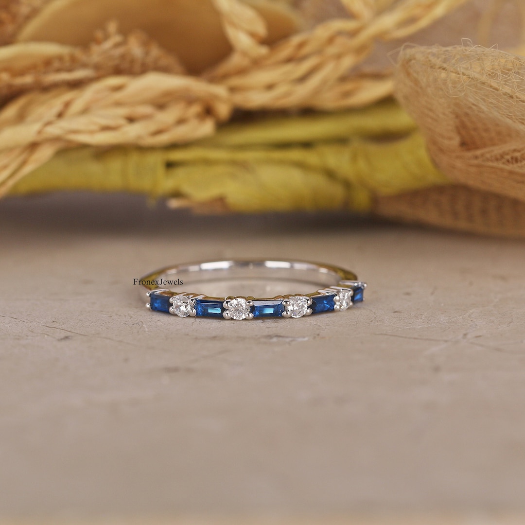 14K Solid White Gold Dot-dash Band/ Half Eternity Minimalist Band/ Blue Sapphire Baguette Cut ...