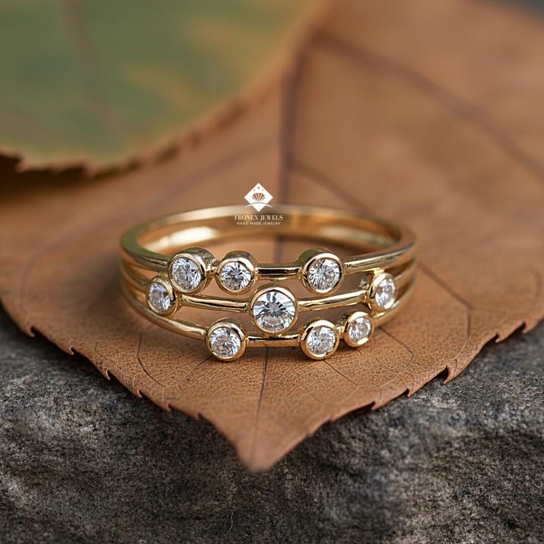 14K Solid Gold Bubble Set Stacking Ring/ Round Cut Lab Grown Diamond ...