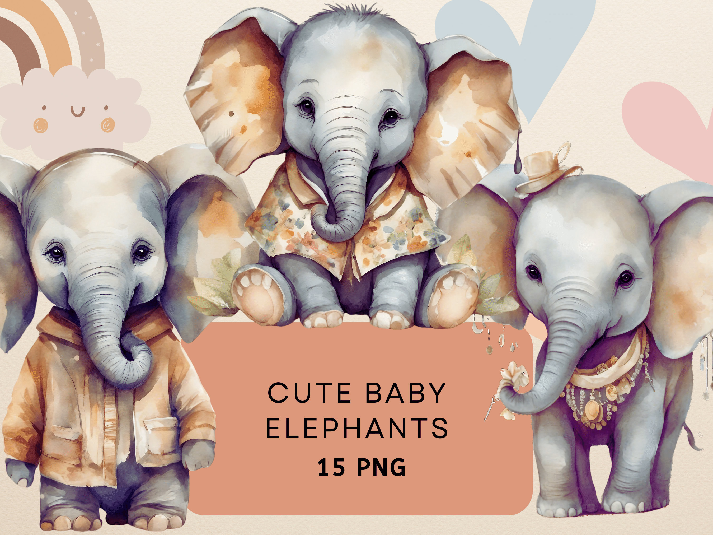 Watercolor Baby Elephant Clipart Bundle, Toy Elephant, Woodland Animal ...