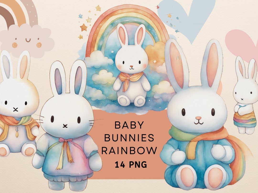 Watercolor Baby Bunnies Rainbow Clipart Bundle, Miffy Toy Bunny Clipart ...