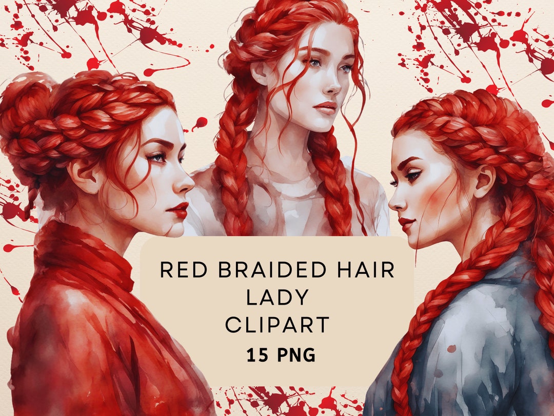 Watercolor Red Braided Hair Lady Clipart Bundle, Hair Girl Clipart ...