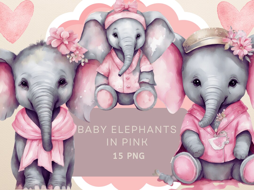 Watercolor Baby Elephant Pink Clipart Bundle, Woodland Animal Clipart ...