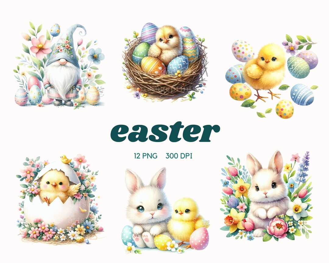 Watercolor Easter Clipart Design, Easter Bunnies and Chicks Digital ...