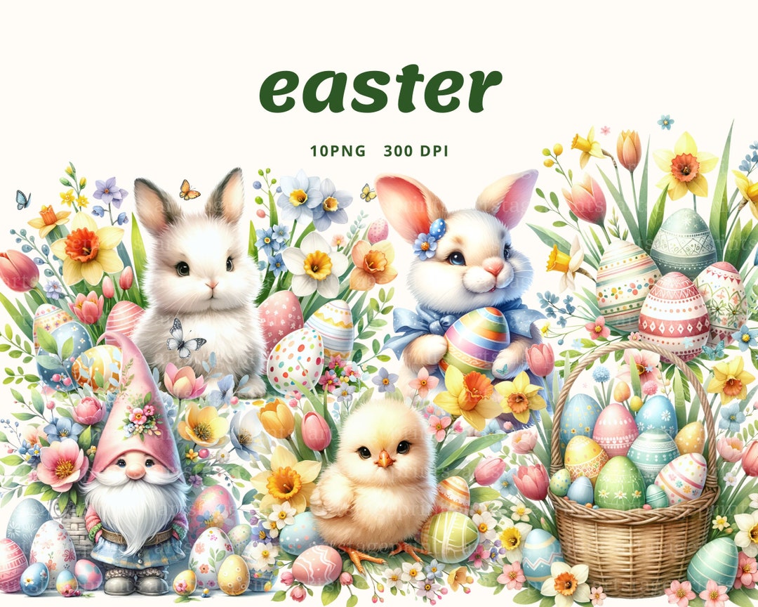 Watercolor Easter Clipart Collection, Cute Bunny, Chicks, Eggs, Digital ...