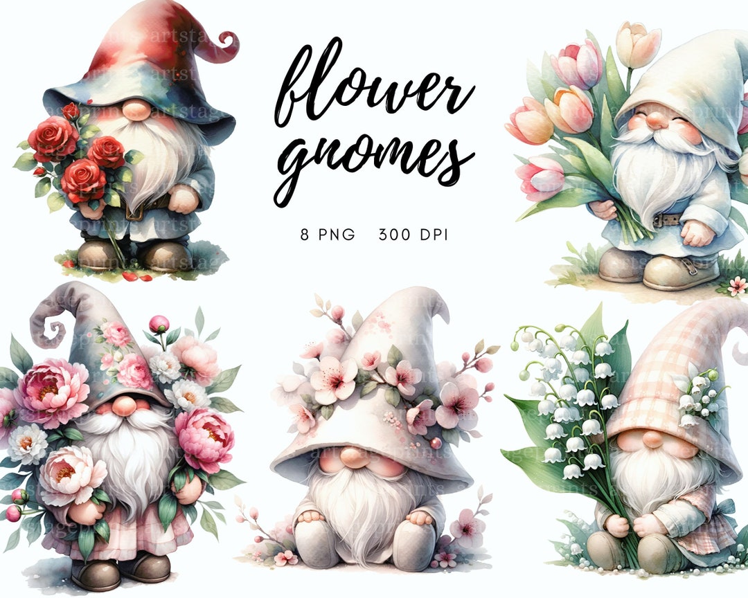 Flower Gnome Clipart, Garden Gnomes Digital Download, PNG, Watercolor ...