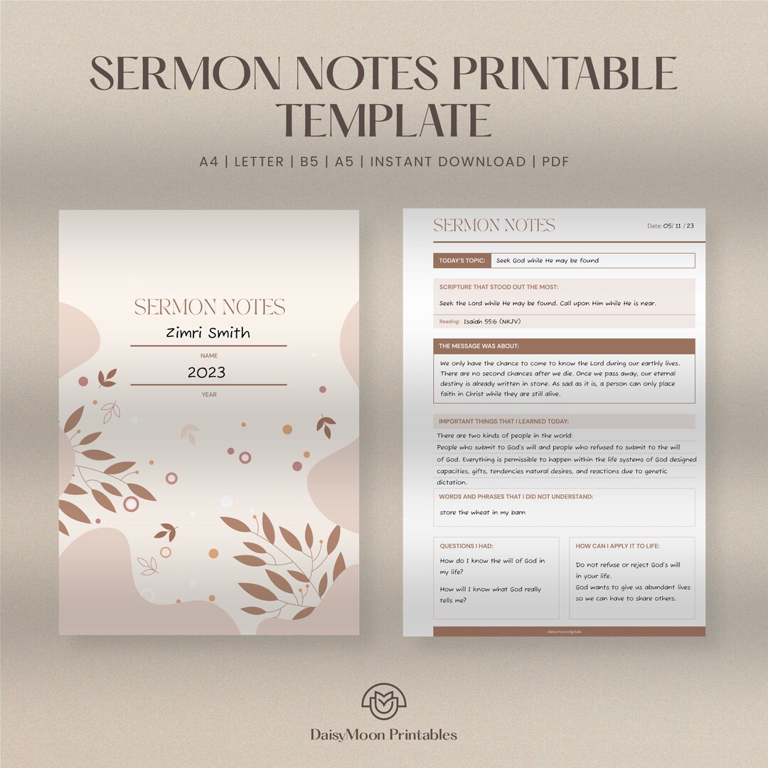 Printable Sermon Notes Template Bible Study Printable Sermon Notes ...
