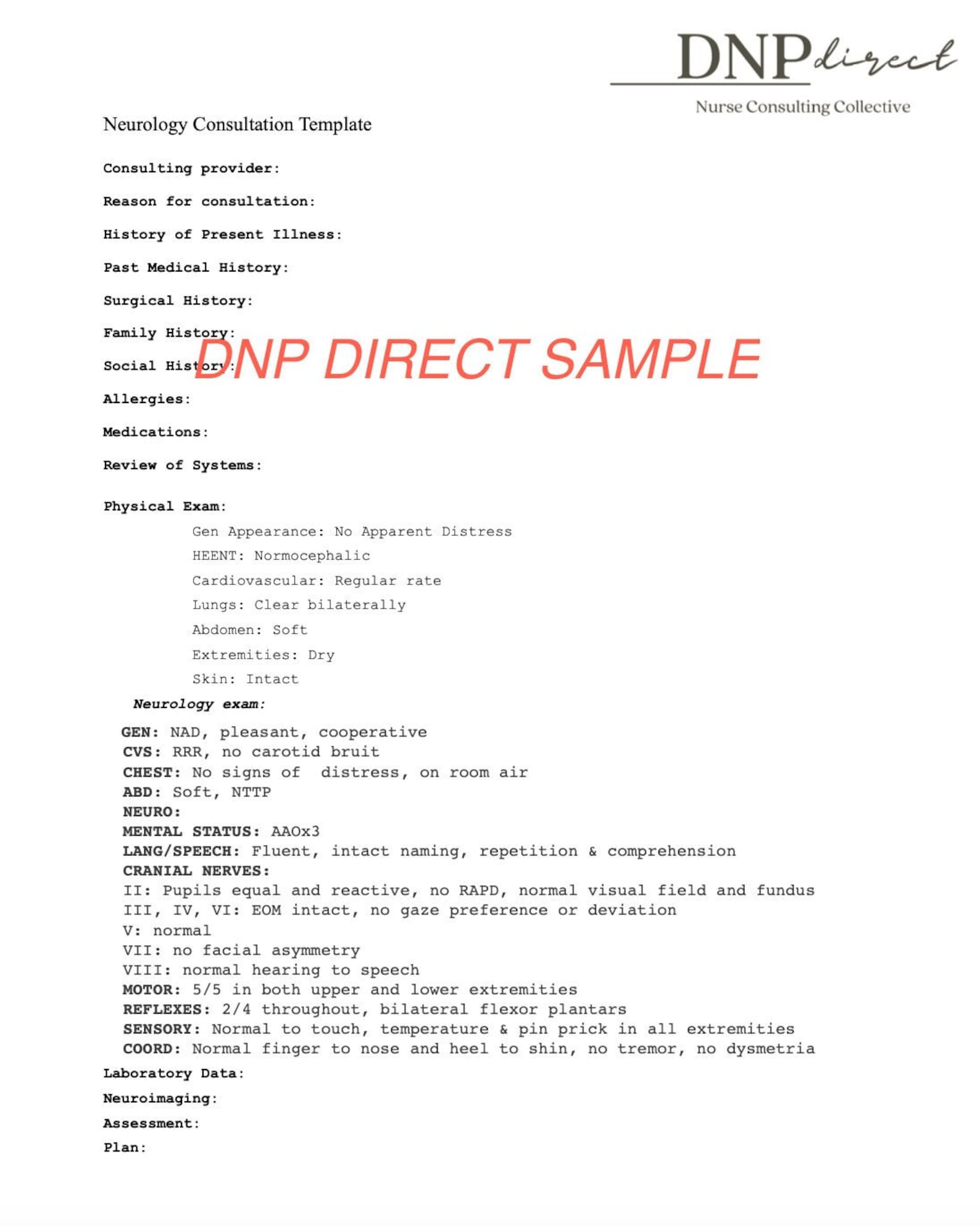 Neurology Consultation Template for MD, NP, Pas - Etsy