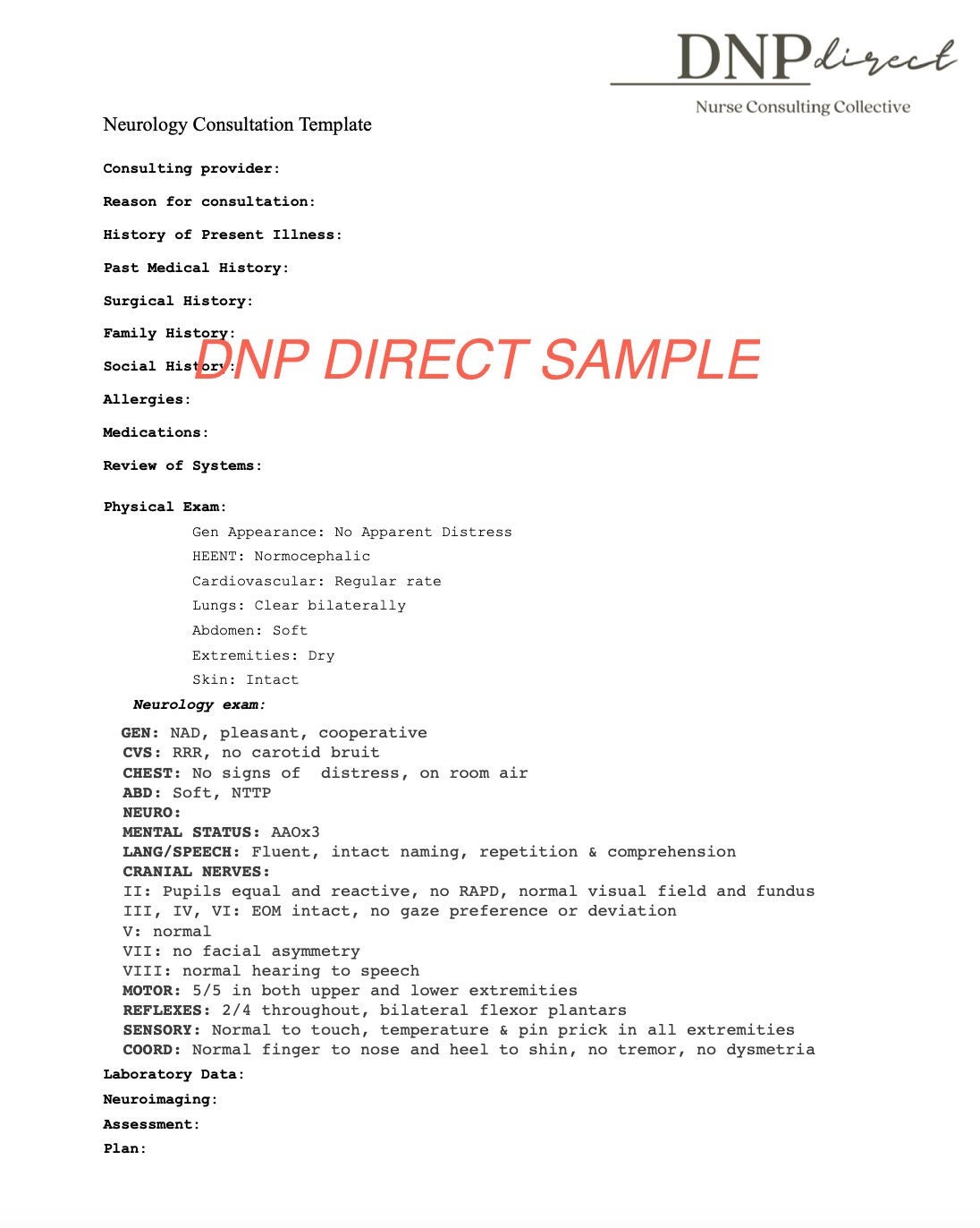 Neurology Consultation Template for MD, NP, Pas - Etsy