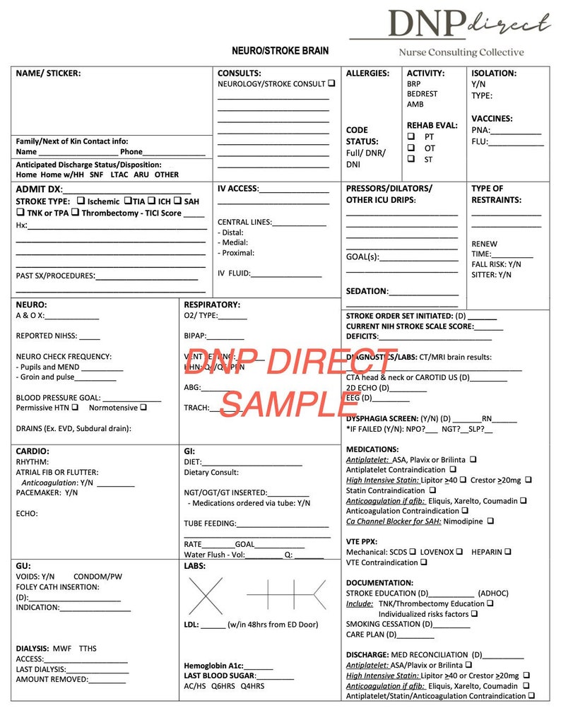 Neuro/stroke Report Sheet/sbar/brain for Stroke/tele/stepdown/icu ...