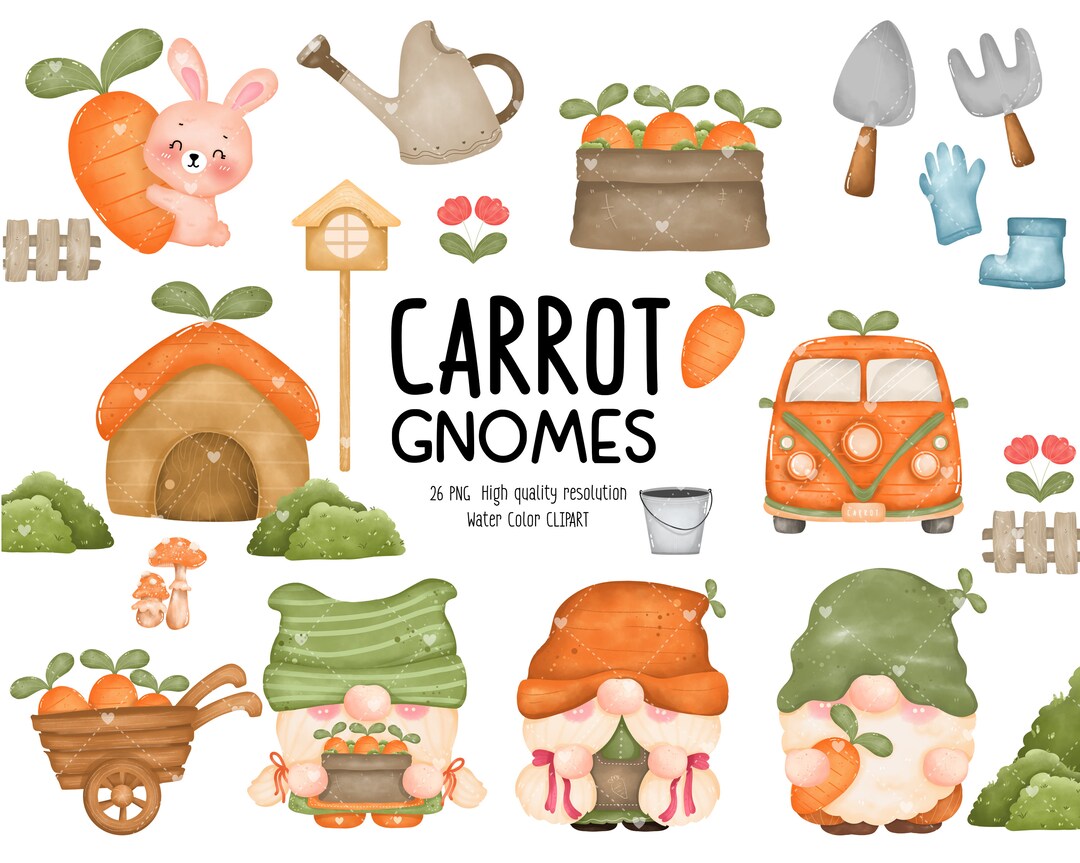 Watercolor Carrot Gnomes Clipart, Rabbit Clipart, Instant Digital ...