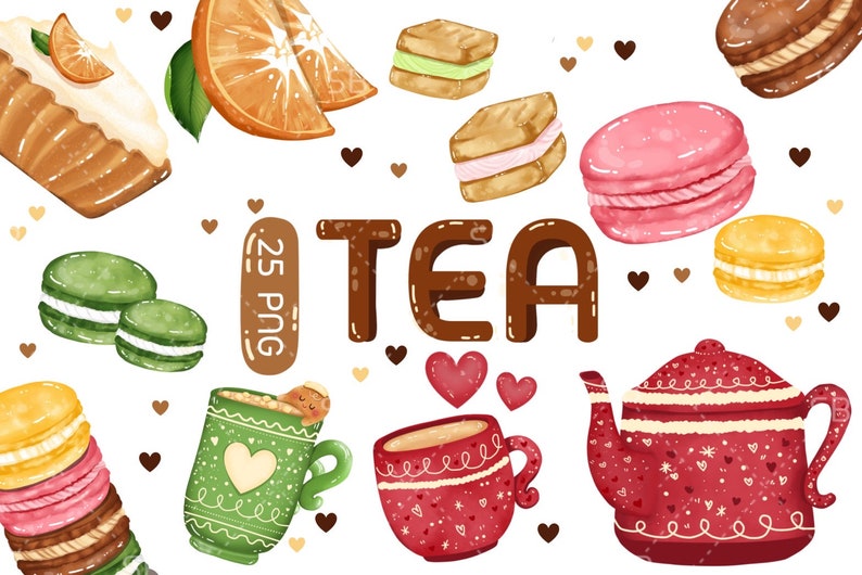 TEA and Cookie Clipart, Macaron Clipart, Kawaii Cake Sweet Clipart ...