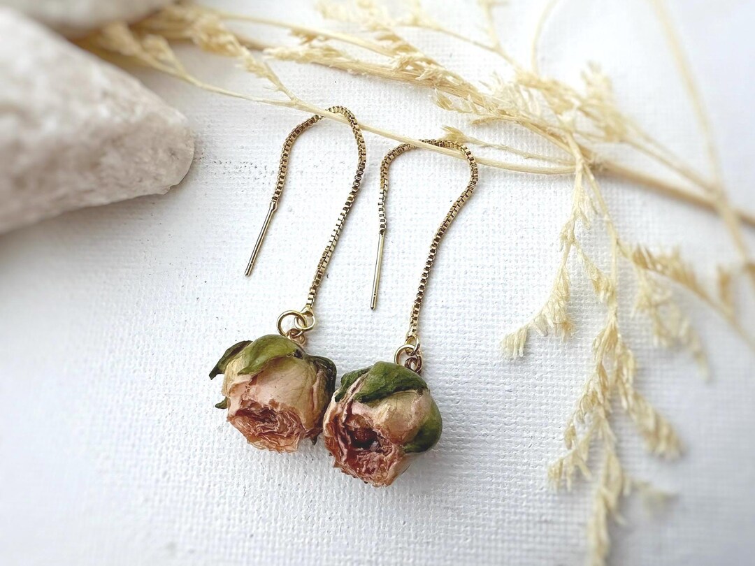 Real Rose Threader Earrings/real Flower Ear Threaders/handmade Rose ...