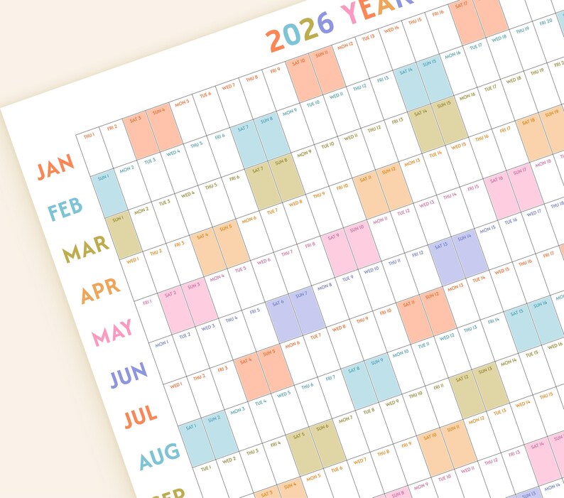 2026 Calendar | Rainbow Wall Calendar: Year Planner, Printable PDF (A0 ...