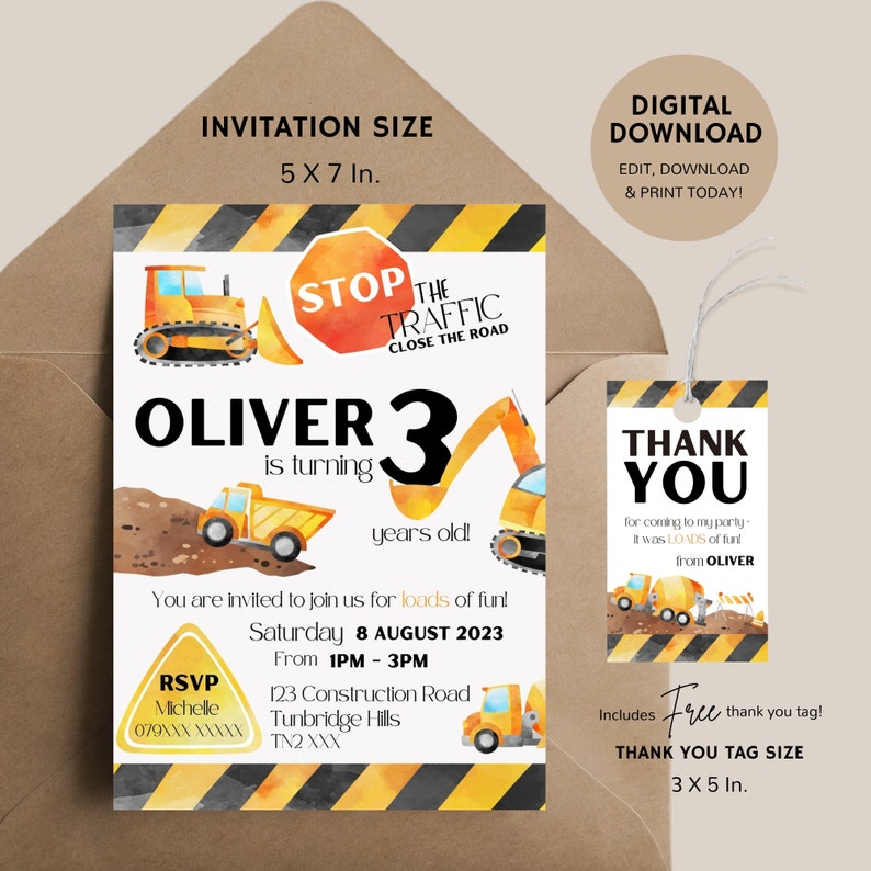 Construction Birthday Invitation Template, Editable Building Birthday ...