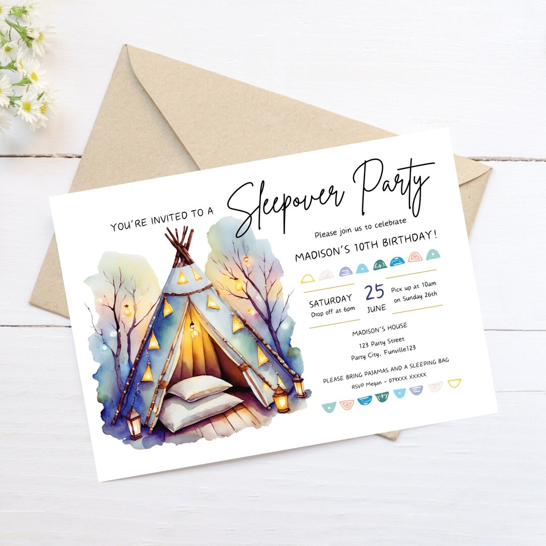 Sleepover Birthday Party Invitation Template, Kids Teepee Tent ...