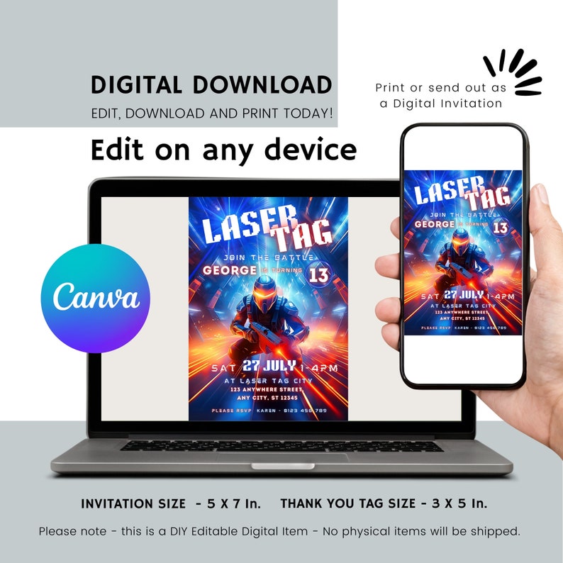 Laser Tag Invitation, Editable Laser Tag Birthday Party Invite, Neon ...