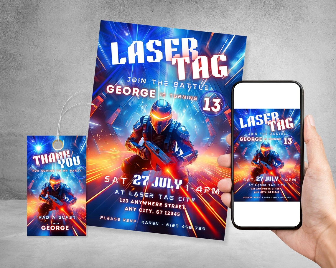 Laser Tag Invitation, Editable Laser Tag Birthday Party Invite, Neon ...