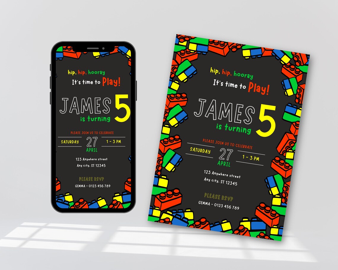 Building Blocks Birthday Invitation Colourful Building Bricks, Kids ...