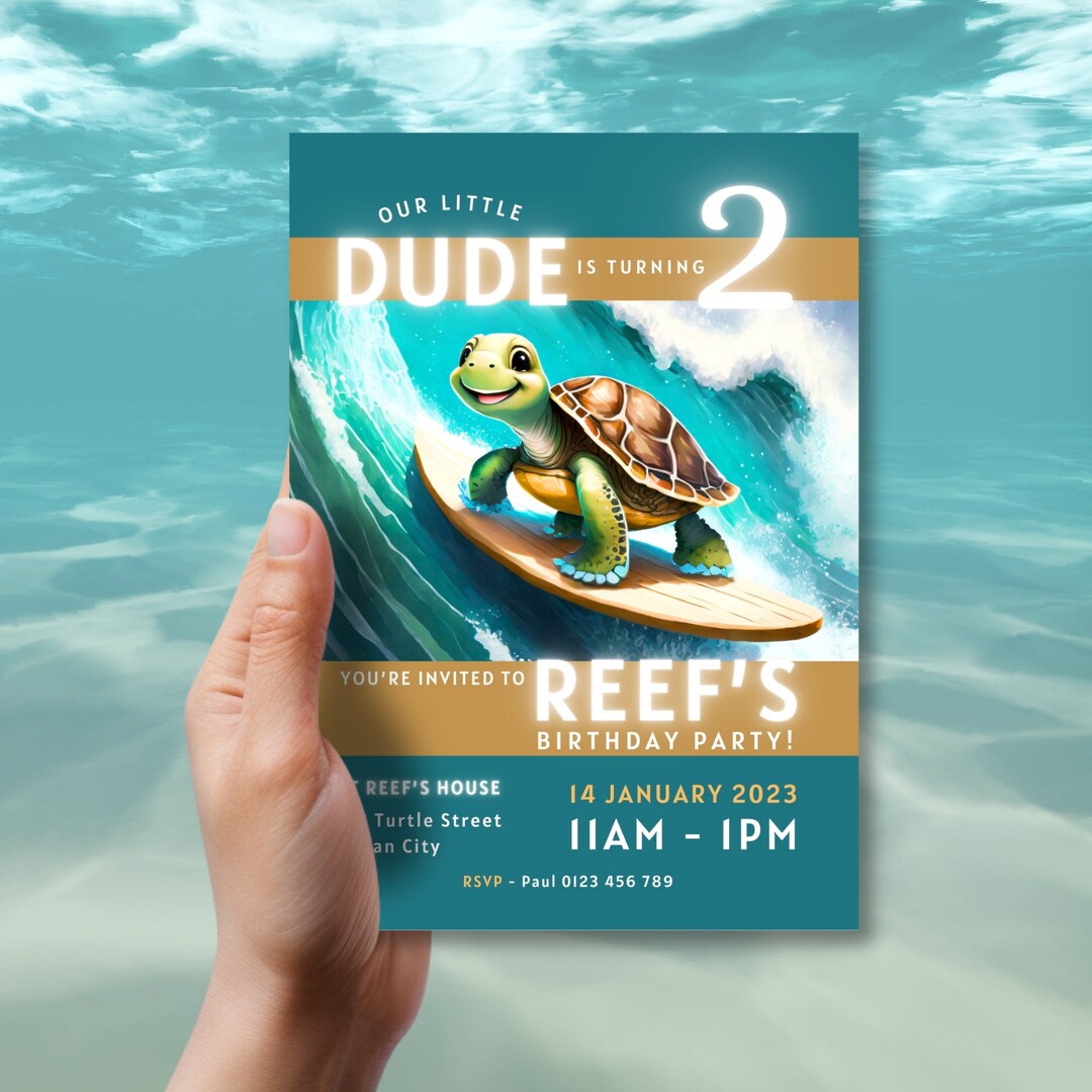 Surfing Invitation, Editable Surf Party Invite, Surfing Dude, Turtle ...