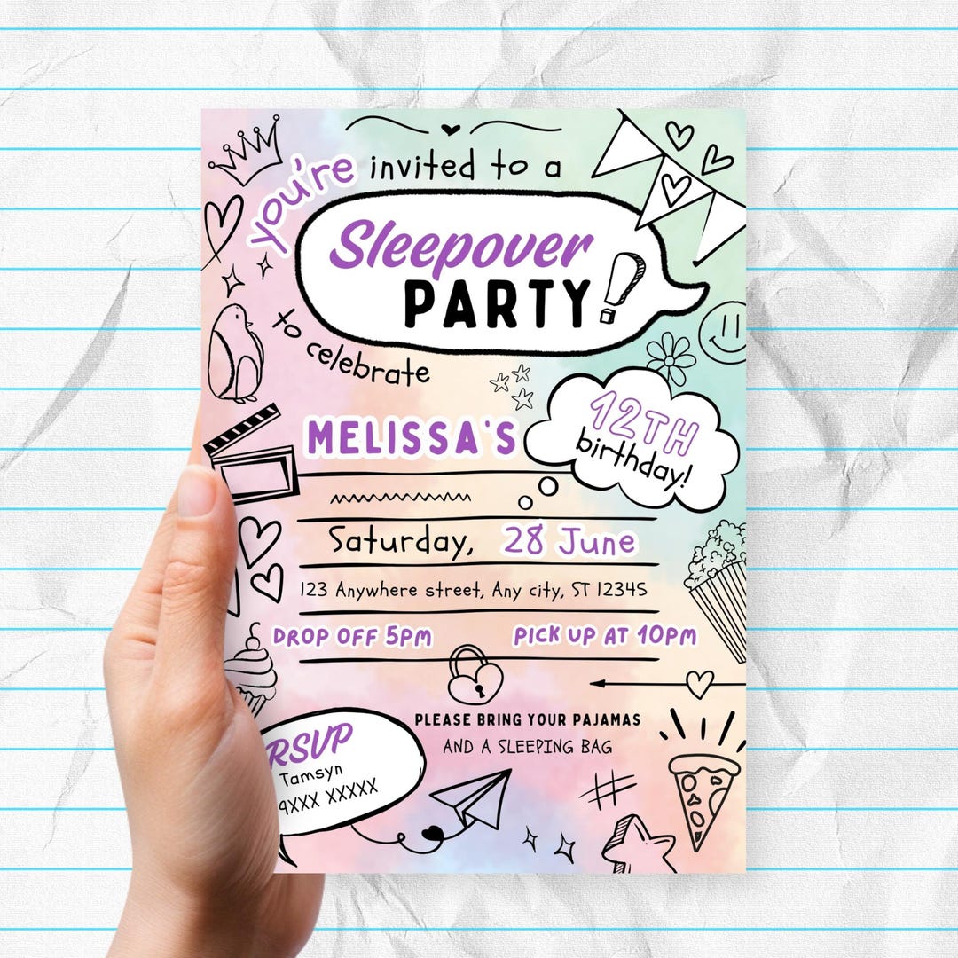 Editable Sleepover Birthday Party Invitation Template, Teenager Doodle ...