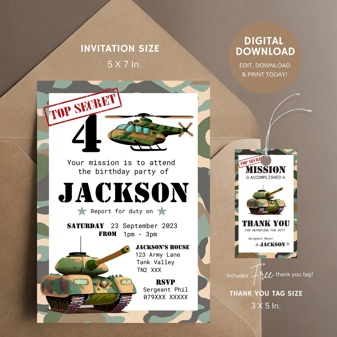 Army Birthday Party Invitation Template, Military Birthday Invite ...